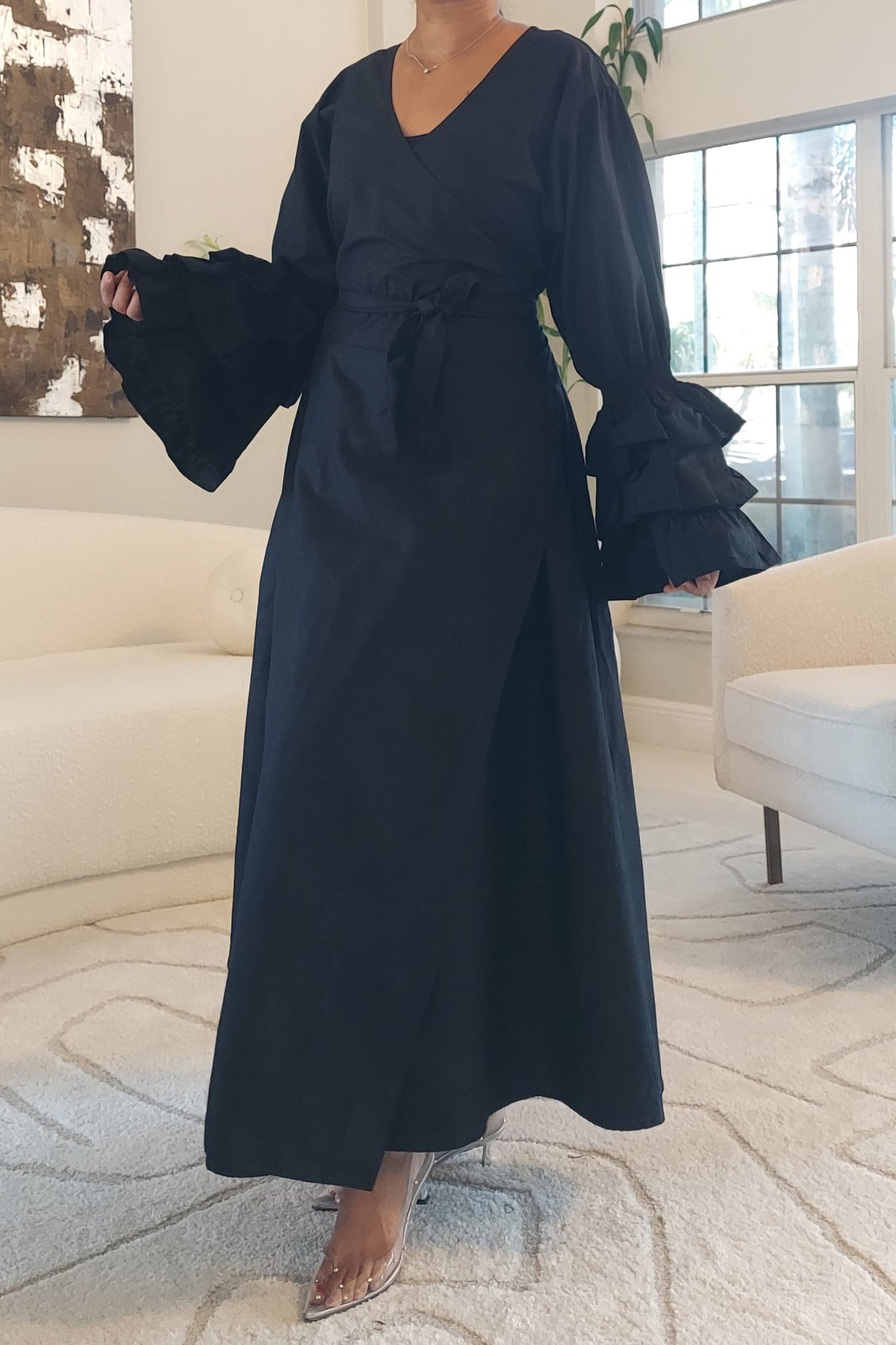 Cotton Wrap Dress With Long Ruffle Sleeves/ Black – India Batik