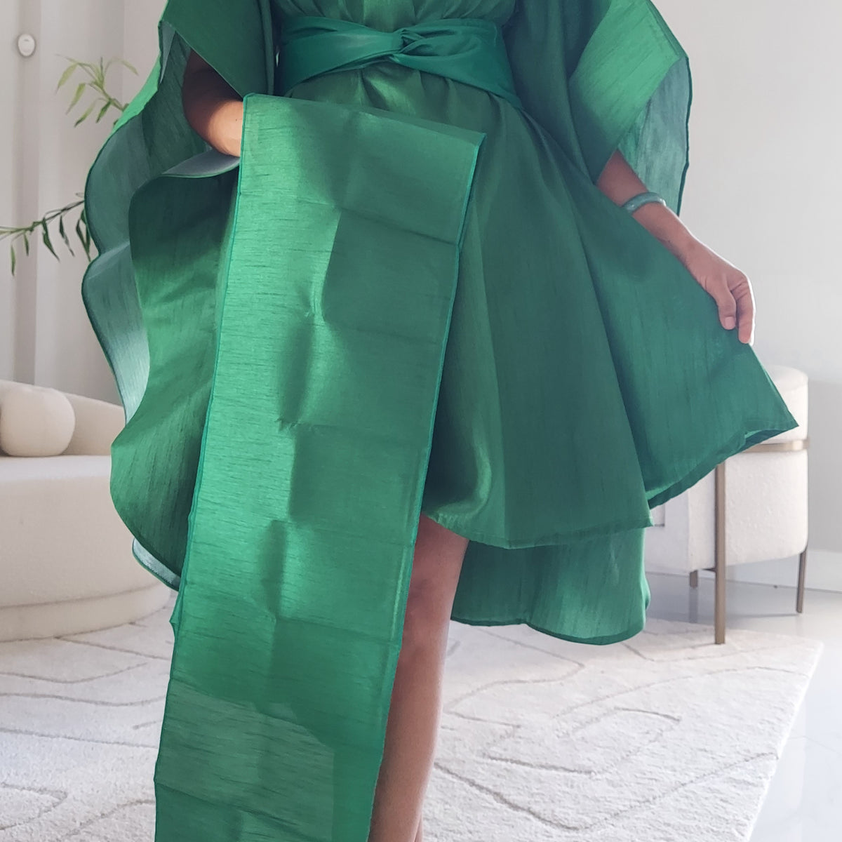 Wing Dress/Faux Silk/Poncho Dress/ Wing Sleeves-25032 Green – India Batik